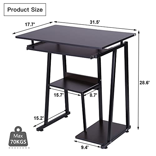 Desktop Computer Desk With Keyboard Tray, Modern Home Office Writing Work Desk, Wood Student Study Table with Storage Shelves, Farmhouse Notebook Workstation, Small Space Gaming Desks (Black)