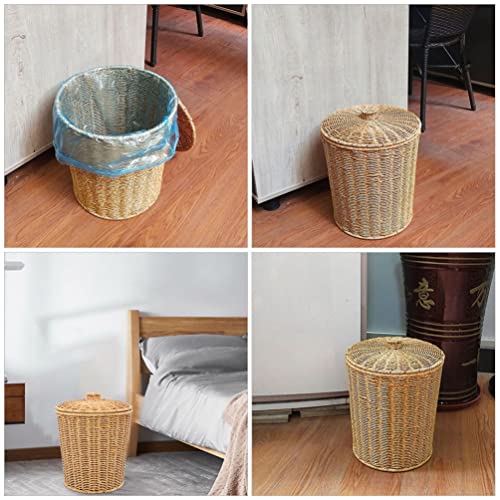 Zerodeko Small Trash Can, Imitation Rattan Woven Waste Bin with Lid, Waste Basket for Bedroom, Office, Kitchen, Boho Round Garbage Can Plastic Sundries Holder Laundry Basket for Bathroom