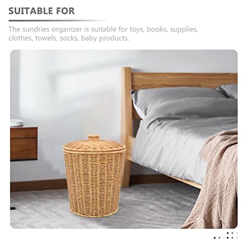 Zerodeko Small Trash Can, Imitation Rattan Woven Waste Bin with Lid, Waste Basket for Bedroom, Office, Kitchen, Boho Round Garbage Can Plastic Sundries Holder Laundry Basket for Bathroom