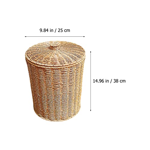 Zerodeko Small Trash Can, Imitation Rattan Woven Waste Bin with Lid, Waste Basket for Bedroom, Office, Kitchen, Boho Round Garbage Can Plastic Sundries Holder Laundry Basket for Bathroom