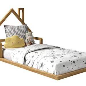 P'Kolino Casita House Twin Floor Bed - Montessori Inspired - Solid FSC Certified Solid Wood Floor Bed - Natural Wood