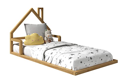 P'Kolino Casita House Twin Floor Bed - Montessori Inspired - Solid FSC Certified Solid Wood Floor Bed - Natural Wood