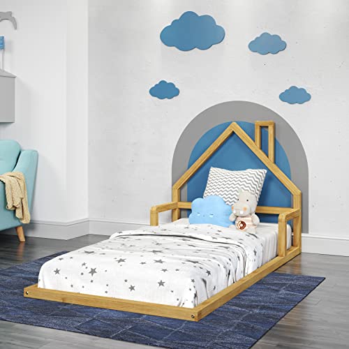 P'Kolino Casita House Twin Floor Bed - Montessori Inspired - Solid FSC Certified Solid Wood Floor Bed - Natural Wood