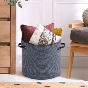 WAYIDEAL Cotton Rope Storage Basket with Lid & Wicker basket with Lid for Toys, Books, Multi-Purpose Storage Basket for Living Room,14x13inches(DARK GREY)