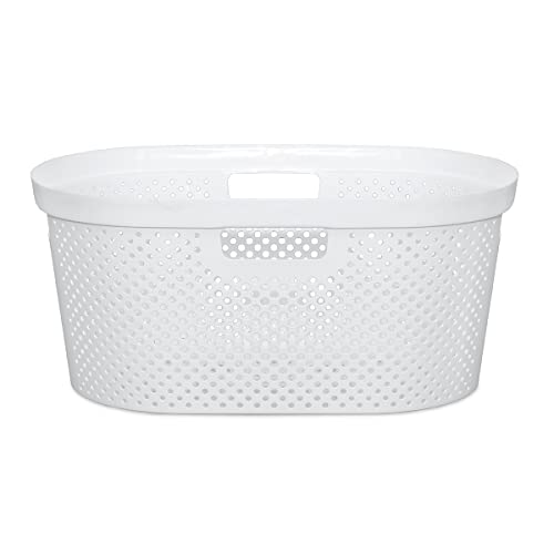 Clorox Laundry Basket Plastic - Portable Clothes Hamper with Handles - Short Storage Bin for Bedroom and Baby Nursery, 1 Bushel, White