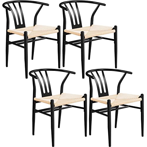 Yaheetech 4PCS Weave Dining Chair Weave Chair Mid-Century Modern Metal Rattan Chair Black Dining Chair Armchairs Hemp Seat Chair Accent Chair for Kitchen, Dining, Living Room Side Chairs, Black