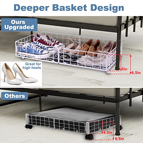 Queen Size Under Bed Storage Cart with Wheels, 30.5*17.7*6.5in Large Capacity Under-bed Shoe Storage Organizer, Rolling Under Bed Drawers for Clothes, Shoes, Bedding, Blankets, White(2 Pack)