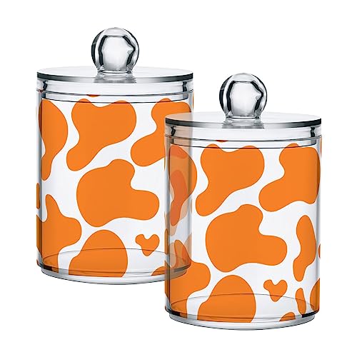 Sletend 2 Pack Plastic Qtips Holder Cow Print Orange Bathroom Organizer Canisters for Cotton Balls/Swabs/Pads/Floss,Plastic Apothecary Jars for Vanity