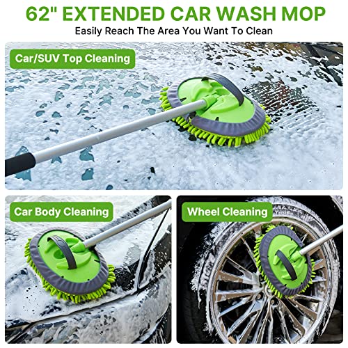 LEZIOA 62" Car Wash Brush with Long Handle, Car Cleaning Kit with Soft Car Wash Mop Sponge Windshield Window Squeegee Car Duster Microfiber Towels to Clean car SUV RVs Trucks Pickups and Buses