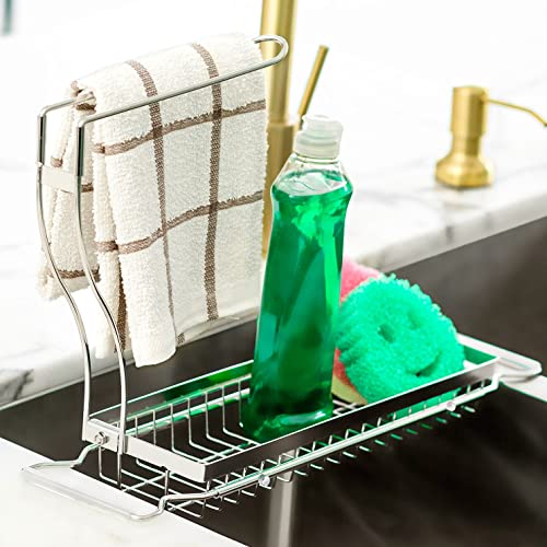 TidyDoes Telescopic Sink Sponge Holder – Stainless Steel Expandable Sink Caddy – Kitchen Caddy Sink Organizer – Telescopic Sink Storage Rack for Soap, Sponges – Drying Rack for Kitchen Sink