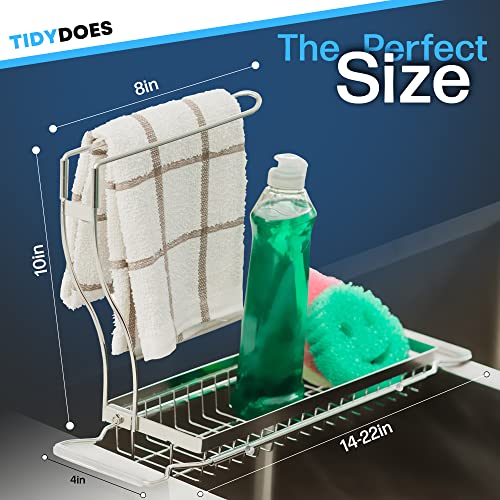 TidyDoes Telescopic Sink Sponge Holder – Stainless Steel Expandable Sink Caddy – Kitchen Caddy Sink Organizer – Telescopic Sink Storage Rack for Soap, Sponges – Drying Rack for Kitchen Sink