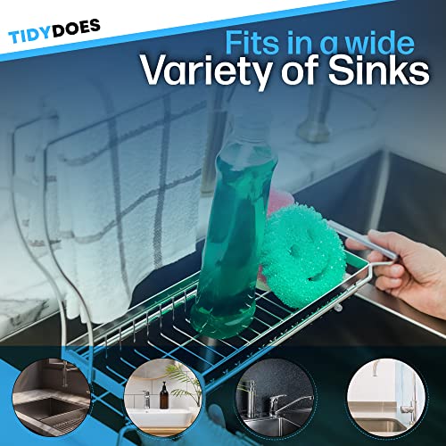 TidyDoes Telescopic Sink Sponge Holder – Stainless Steel Expandable Sink Caddy – Kitchen Caddy Sink Organizer – Telescopic Sink Storage Rack for Soap, Sponges – Drying Rack for Kitchen Sink