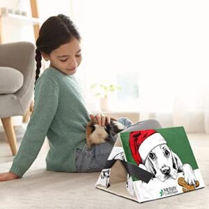 Y-DSIWX Guinea Pig House Bed, Rabbit Large Hideout, Small Animals Nest Hamster Cage Habitats Merry Christmas Dog with Red Hat Paint Green White