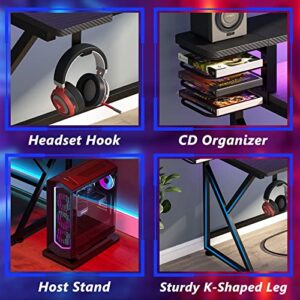 Tribesigns L Shaped Gaming Desk with Led Lights & Power Outlet, Corner Computer Desk with Monitor Stand, PC Stand Shelf, Ergonomic Gaming Table Gamer Desk with USB Port & Hook for Home Office (Black)