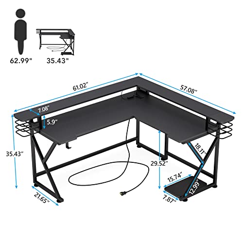 Tribesigns L Shaped Gaming Desk with Led Lights & Power Outlet, Corner Computer Desk with Monitor Stand, PC Stand Shelf, Ergonomic Gaming Table Gamer Desk with USB Port & Hook for Home Office (Black)