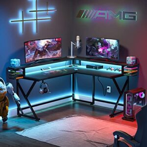 Tribesigns L Shaped Gaming Desk with Led Lights & Power Outlet, Corner Computer Desk with Monitor Stand, PC Stand Shelf, Ergonomic Gaming Table Gamer Desk with USB Port & Hook for Home Office (Black)