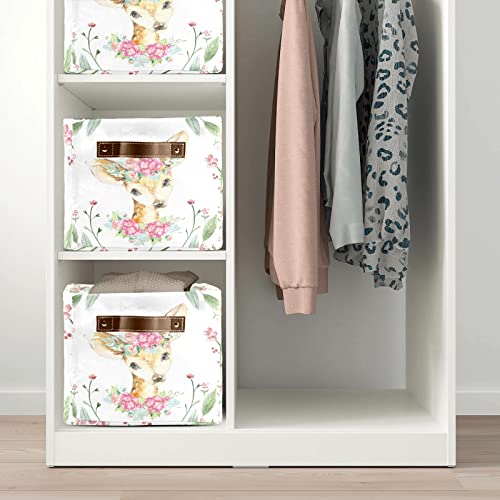 Pink Floral Deer Leaves Personalized Storage Bins Box Baskets with Handle Cubes Clothes Basket Box for Women Christmas Office Holiday 1 Pack