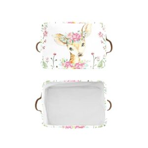 Pink Floral Deer Leaves Personalized Storage Bins Box Baskets with Handle Cubes Clothes Basket Box for Women Christmas Office Holiday 1 Pack