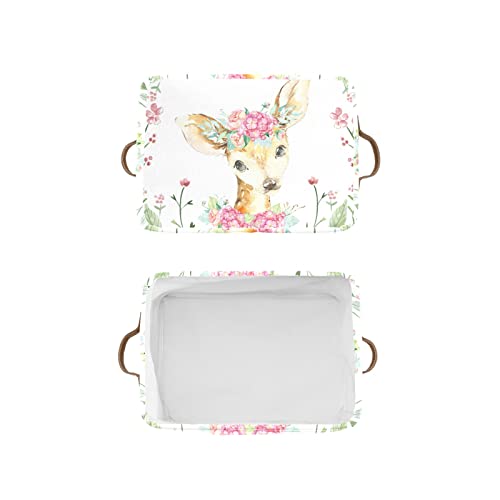 Pink Floral Deer Leaves Personalized Storage Bins Box Baskets with Handle Cubes Clothes Basket Box for Women Christmas Office Holiday 1 Pack