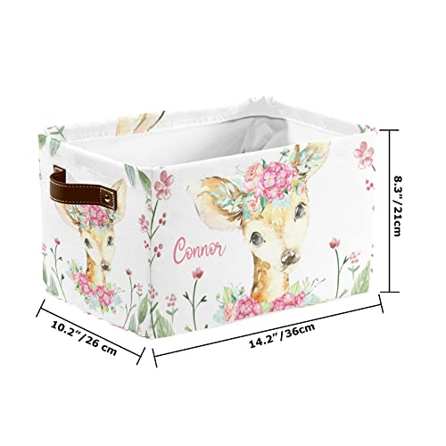 Pink Floral Deer Leaves Personalized Storage Bins Box Baskets with Handle Cubes Clothes Basket Box for Women Christmas Office Holiday 1 Pack