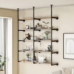 fjankui 5 tier industrial rustic wall mount wood floating iron pipe shelving, diy open wall display bookshelf, black metal bracket storage wall shelf for utility shelves, office shelves, etc