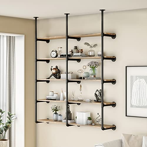 FJANKUI 5 Tier Industrial Rustic Wall Mount Wood Floating Iron Pipe Shelving, DIY Open Wall Display Bookshelf, Black Metal Bracket Storage Wall Shelf for Utility Shelves, Office Shelves, Etc