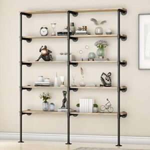 FJANKUI 5 Tier Industrial Rustic Wall Mount Wood Floating Iron Pipe Shelving, DIY Open Wall Display Bookshelf, Black Metal Bracket Storage Wall Shelf for Utility Shelves, Office Shelves, Etc