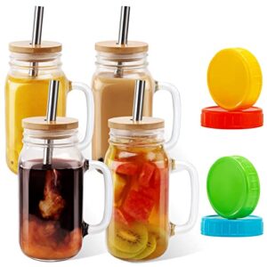 luium mason jars with handle - 4 pack 24oz mason jar drinking glasses with lid and straw, mason jar cups, mason jar mugs for iced coffee, milkshake, smoothie, plastic airtight lids for food storage