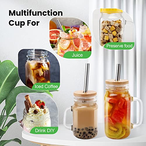 luium Mason Jars with Handle - 4 Pack 24oz mason jar drinking glasses with lid and straw, Mason Jar Cups, Mason Jar mugs for Iced Coffee, Milkshake, Smoothie, Plastic Airtight Lids for Food Storage