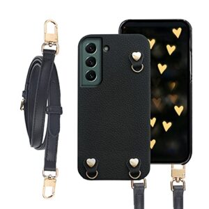 qichenlu genuine leather crossbody case designed for samsung galaxy s22, durable cute trendy heart cowhide cover with detachable & adjustable shouler strap neck lanyard chain, black