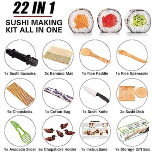 SmileTools Sushi Making Kit - 22 Piece Sushi Making Kit for Beginners & Pros Sushi Makers, Perfect DIY Sushi Making Accessories with Sushi Knife, 2 Sushi Mats, Rice Bazooka, Chopsticks & More