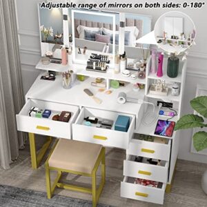 PAKASEPT Vanity Set with Tri-fold Makeup Mirror, Large Desk 3-Color Adjustable Touch Light, Charging Station, 5 Drawers, Storage Shelves&Cushioned Stool Women Girls, White, 45.59''Lx15.74''Wx54.13''H