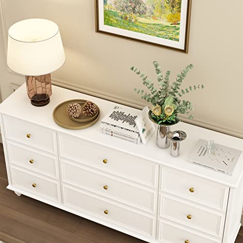 Homsee 9 Drawers Double Dresser with Stylish Legs, Modern Wood Dresser Chest of Drawers with Large Storage Space for Bedroom, White (63”L x 15.7”W x 31.5”H)