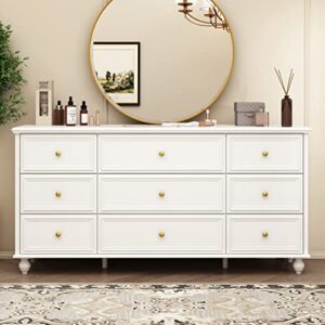 Homsee 9 Drawers Double Dresser with Stylish Legs, Modern Wood Dresser Chest of Drawers with Large Storage Space for Bedroom, White (63”L x 15.7”W x 31.5”H)