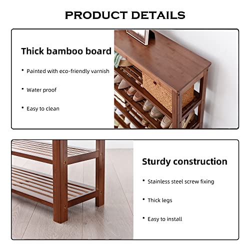 PETKABOO Shoe Rack 5 Tier Entryway Bamboo Shelf Organizer Storage with Large Table Surface for Entryway Living Room Closet Tall Bamboo Shoe Rack (24" L,Brown)