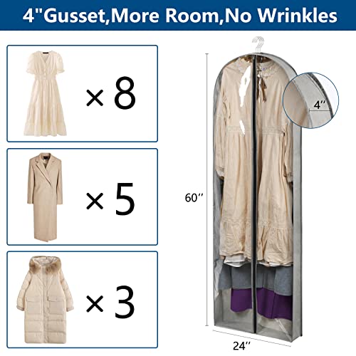 Belinlen 3 Pack 60" Long Garment Bags for Hanging Clothes Storage, Clear Moth Proof Suits Covers with 4" Gussets for Closet Storage Travel, Plastic Protector for Dress Gowns, Coats, Suit, Down Jacket