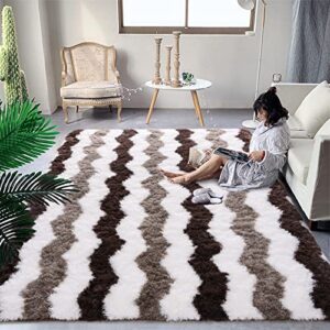 dweike super soft shaggy rugs carpets, 3x5 feet, plush area rugs for living room bedroom, fluffy ​rug for girls kids room, shag plush rug for teen room decor, stripe brown