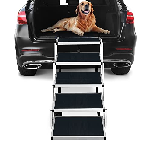 Extra Wide Dog Car Steps, Portable Aluminum Fram Large Dog Stairs for High Beds, Trucks, Cars and SUV, Lightweight Foldable Pet Ladder Ramp with Nonslip Surface Can Support 150-200 Lbs Large Dog