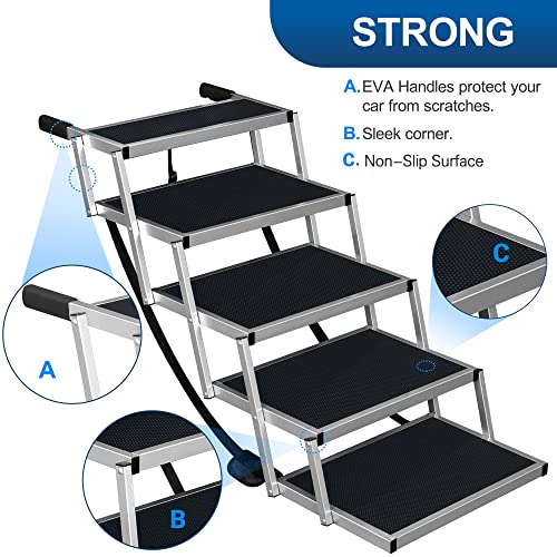 Extra Wide Dog Car Steps, Portable Aluminum Fram Large Dog Stairs for High Beds, Trucks, Cars and SUV, Lightweight Foldable Pet Ladder Ramp with Nonslip Surface Can Support 150-200 Lbs Large Dog