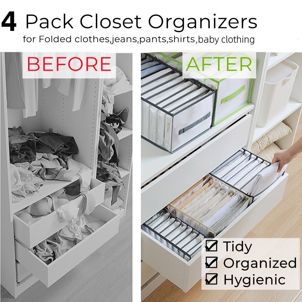 4PCS Extra Large 7 Compartments Wardrobe Clothes Organizer,Closet Organizers for Jeans,Pant,Sweater for Clothing,Clothes Drawer Organizer Dividers for Folded Clothes