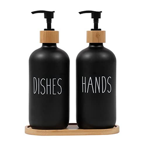 Funly mee 2 Pack Farmhouse Glass Soap Dispenser Set with Wood Tray, Hand Soap and Dish Soap Dispenser Set for Kitchen and Bathroom (Black -2pack)