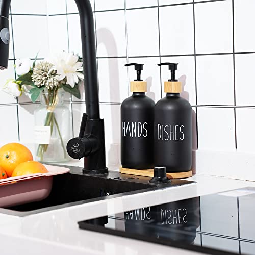 Funly mee 2 Pack Farmhouse Glass Soap Dispenser Set with Wood Tray, Hand Soap and Dish Soap Dispenser Set for Kitchen and Bathroom (Black -2pack)