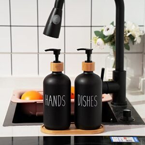 Funly mee 2 Pack Farmhouse Glass Soap Dispenser Set with Wood Tray, Hand Soap and Dish Soap Dispenser Set for Kitchen and Bathroom (Black -2pack)