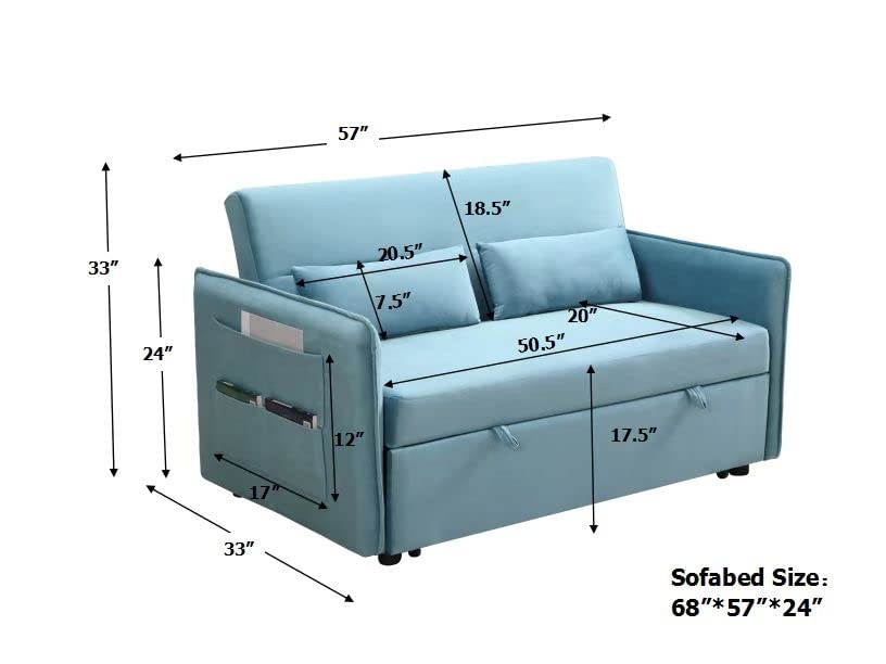 DHHU, Convertible, Modern Adjustable Pull Lounge Chair with 2 Side Pockets and 2 Pillows, Sleeper Home Office, Living Room, Blue Sofa Bed