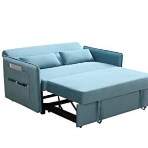 DHHU, Convertible, Modern Adjustable Pull Lounge Chair with 2 Side Pockets and 2 Pillows, Sleeper Home Office, Living Room, Blue Sofa Bed