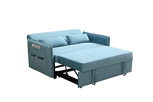 DHHU, Convertible, Modern Adjustable Pull Lounge Chair with 2 Side Pockets and 2 Pillows, Sleeper Home Office, Living Room, Blue Sofa Bed