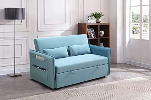 DHHU, Convertible, Modern Adjustable Pull Lounge Chair with 2 Side Pockets and 2 Pillows, Sleeper Home Office, Living Room, Blue Sofa Bed