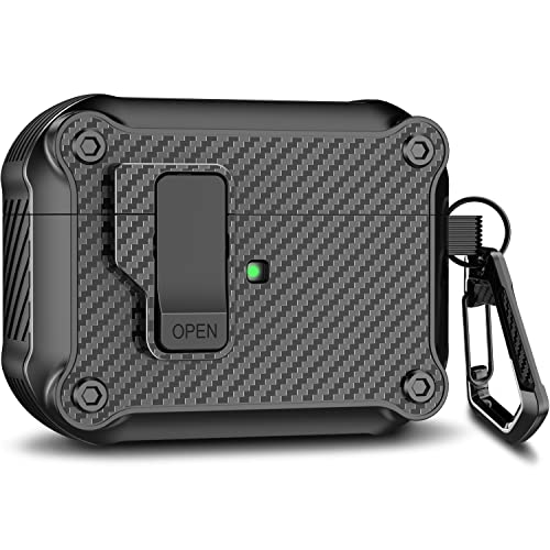 R-fun Airpods Pro 1st/2nd Generation Case Cover (2019/2022) for Men Women,Automatic Secure Lock Clip Hard Shell Rugged Protective for Apple Airpods Pro Case with Carbon Fiber Keychain-Black