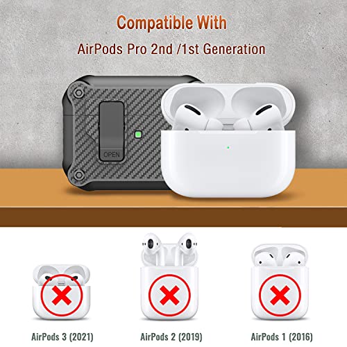 R-fun Airpods Pro 1st/2nd Generation Case Cover (2019/2022) for Men Women,Automatic Secure Lock Clip Hard Shell Rugged Protective for Apple Airpods Pro Case with Carbon Fiber Keychain-Black