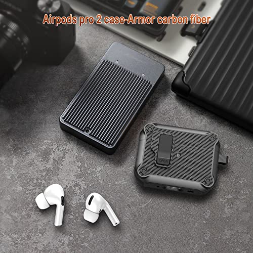 R-fun Airpods Pro 1st/2nd Generation Case Cover (2019/2022) for Men Women,Automatic Secure Lock Clip Hard Shell Rugged Protective for Apple Airpods Pro Case with Carbon Fiber Keychain-Black